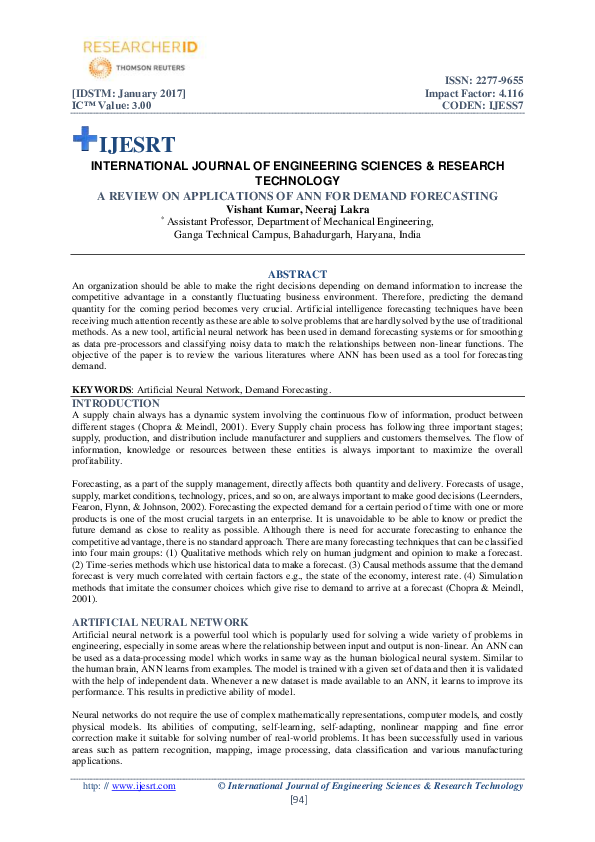 (PDF) A Review On Applications Of Ann For Demand Forecasting
