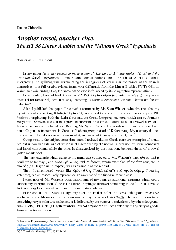 (PDF) Another vessel, another clue. The HT 38 Linear A tablet and the ...