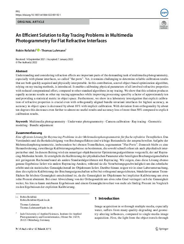 (PDF) An Efficient Solution to Ray Tracing Problems in Multimedia Photogrammetry for Flat ...