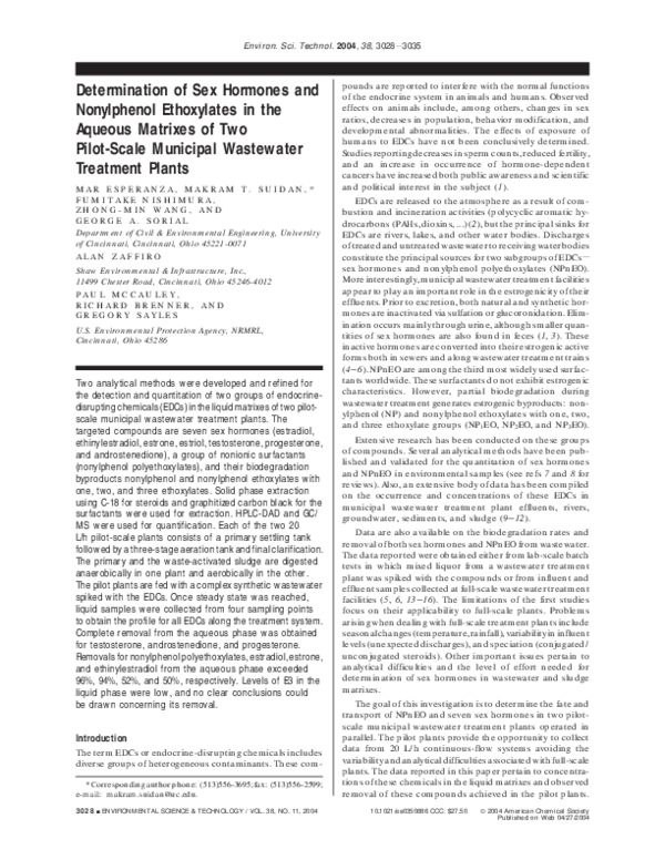 Pdf Determination Of Sex Hormones And Nonylphenol Ethoxylates In The Aqueous Matrixes Of Two