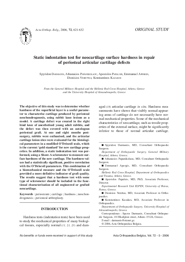 (PDF) Static indentation test for neocartilage surface hardness in ...