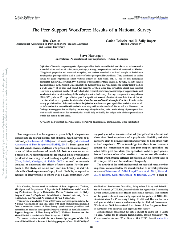 (PDF) The peer support workforce: Results of a national survey