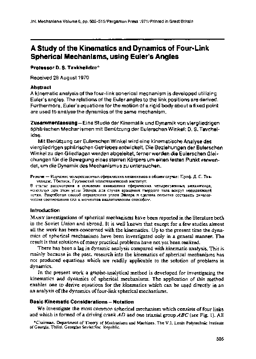 (PDF) A study of the kinematics and dynamics of four-link spherical mechanisms, using Euler's Angles