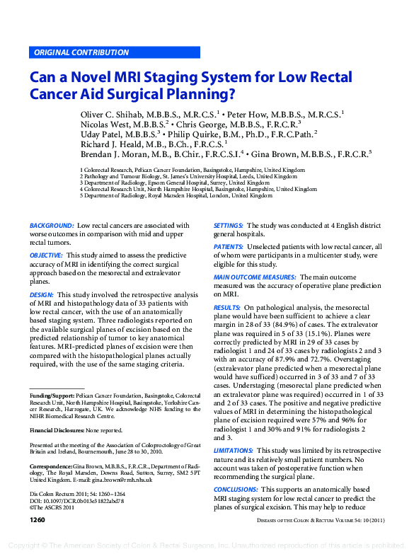 (PDF) Can a Novel MRI Staging System for Low Rectal Cancer Aid Surgical ...