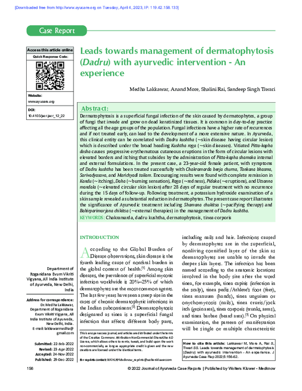 (PDF) Leads towards management of dermatophytosis (Dadru) with ...