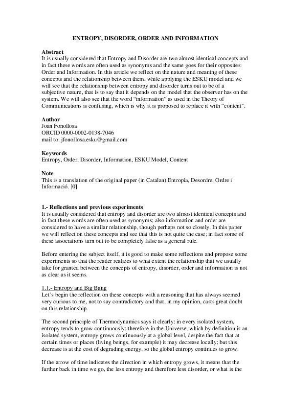 (PDF) ENTROPY, DISORDER, ORDER AND INFORMATION