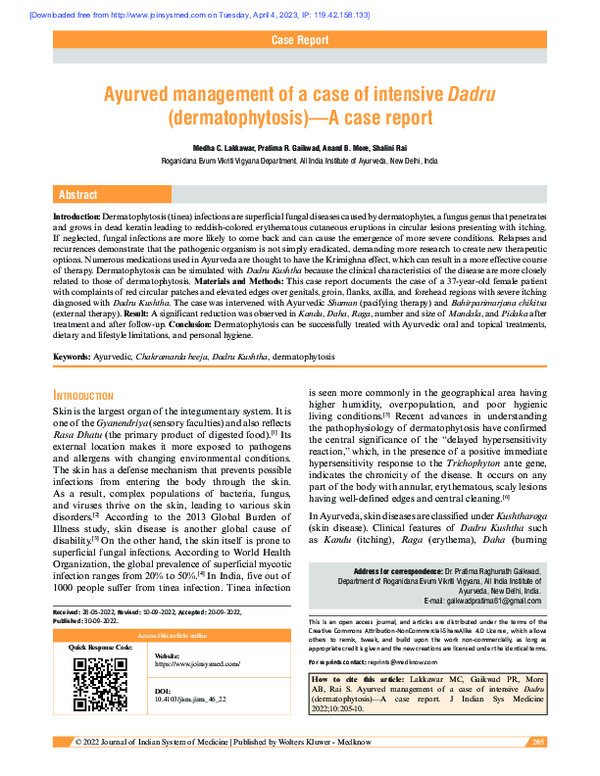 (PDF) Ayurved management of a case of intensive Dadru (dermatophytosis ...