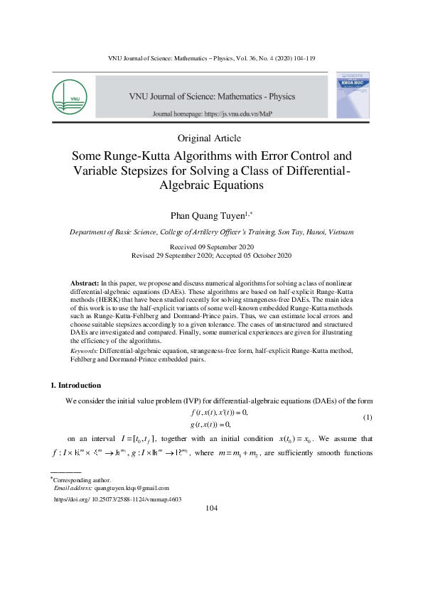 Pdf Some Runge Kutta Algorithms With Error Control And Variable Stepsizes For Solving A Class