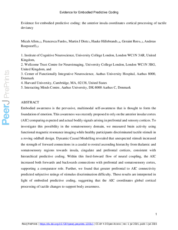 (PDF) Evidence for embodied predictive coding: the anterior insula ...