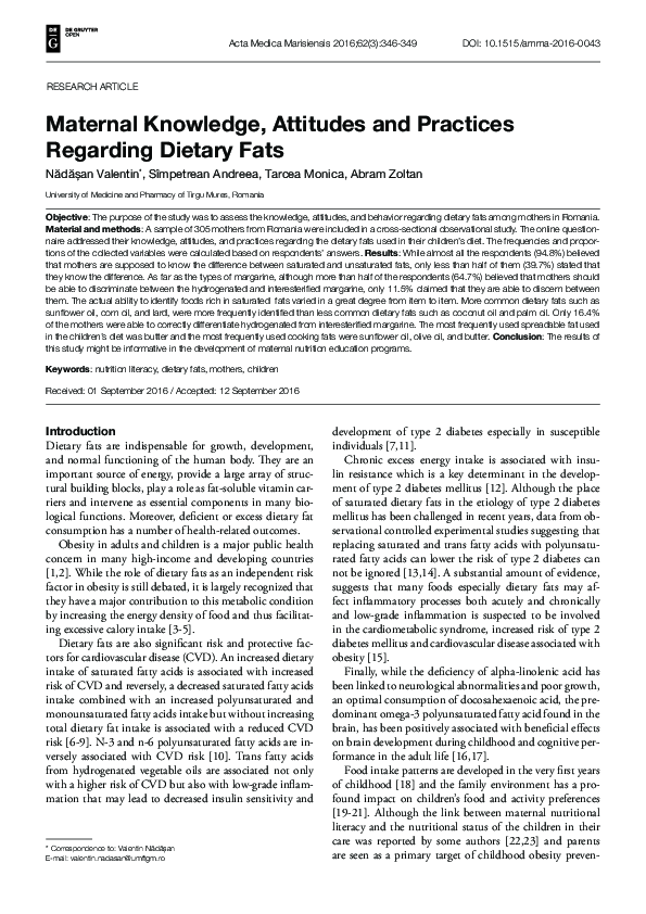 (PDF) Maternal Knowledge, Attitudes and Practices Regarding Dietary Fats
