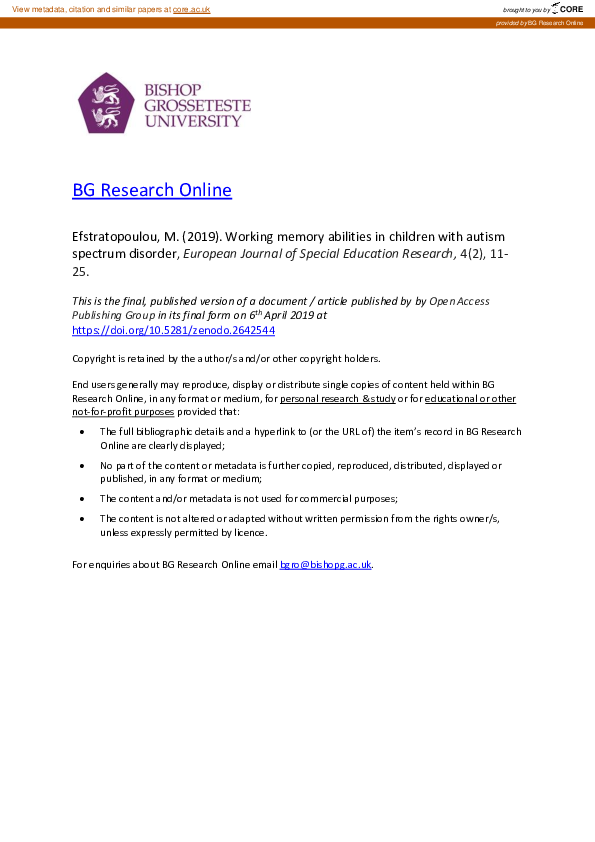 (PDF) Working memory abilities in children with autism spectrum disorder