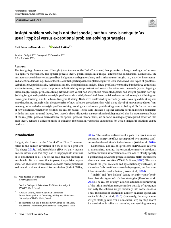 (PDF) Insight problem solving is not that special, but business is not ...
