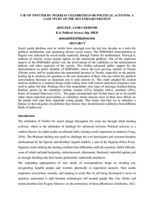 (DOC) USE OF TWITTER BY NIGERIAN CELEBRITIES FOR POLITICAL ACTIVISM: A CASE STUDY OF THE 2021 ...