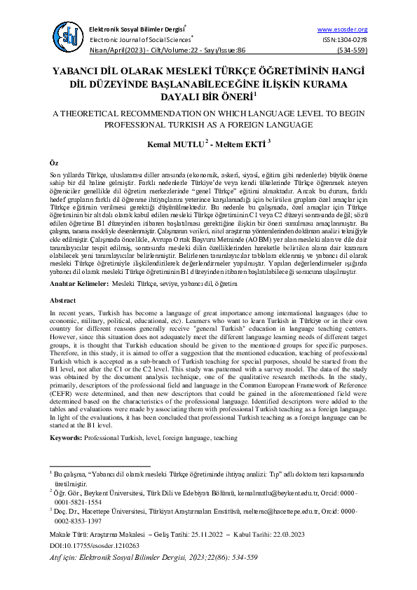 (PDF) YABANCI DİL OLARAK MESLEKİ TÜRKÇE ÖĞRETİMİNİN HANGİ DİL DÜZEYİNDE ...