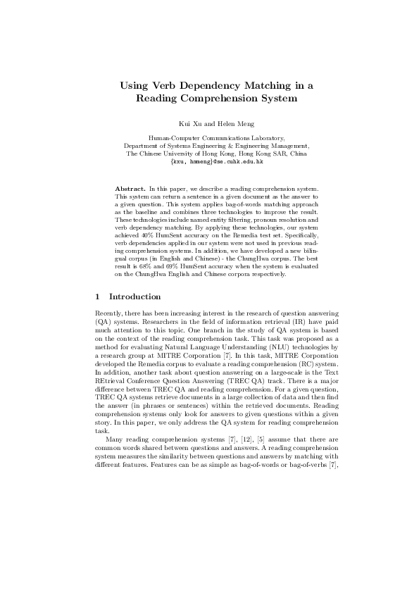 Pdf Using Verb Dependency Matching In A Reading Comprehension System