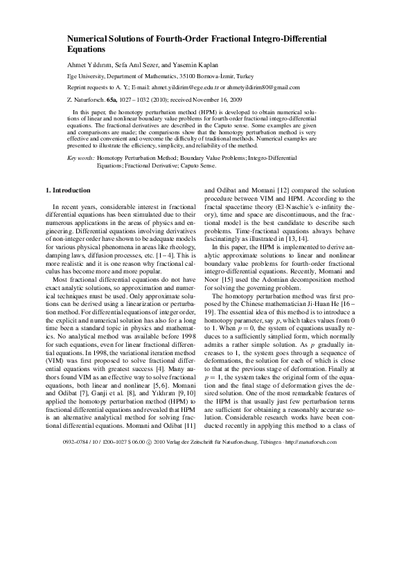 Pdf Numerical Solutions Of Fourth Order Fractional Integro