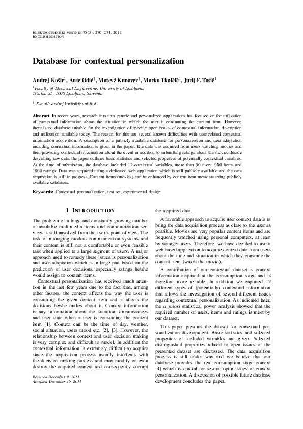 (PDF) Database for contextual personalization