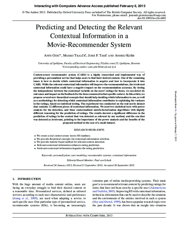 (PDF) Predicting and Detecting the Relevant Contextual Information in a Movie-Recommender System ...