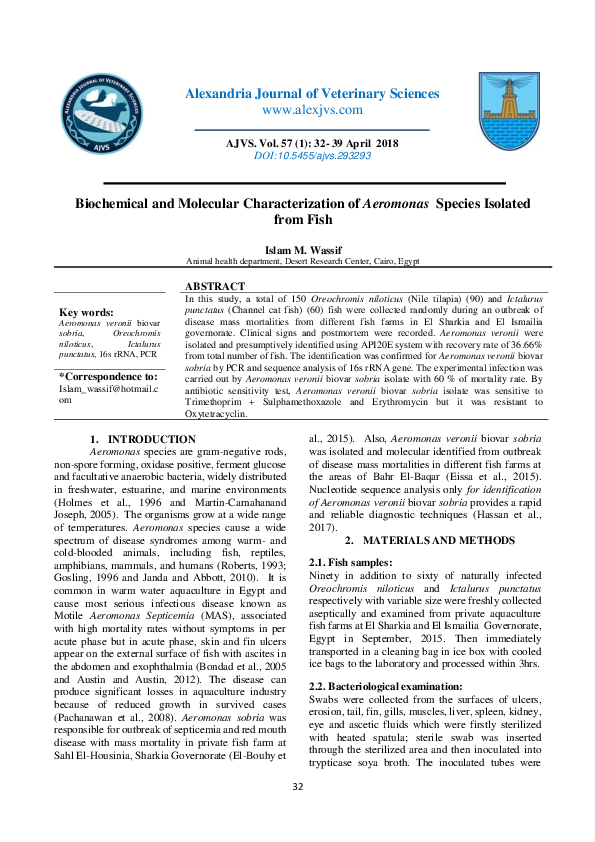 (PDF) Biochemical and Molecular Characterization of Aeromonas Species Isolated from Fish