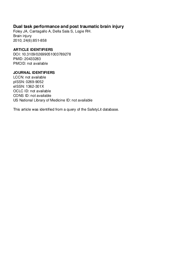 (PDF) Dual task performance and post traumatic brain injury | Anna Cantagallo - Academia.edu