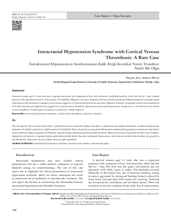 (PDF) Intracranial Hypotension Syndrome with Cortical Venous Thrombosis: A Rare Case | ashima ...
