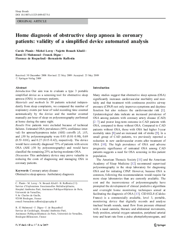 (PDF) Home diagnosis of obstructive sleep apnoea in coronary patients: validity of a simplified ...