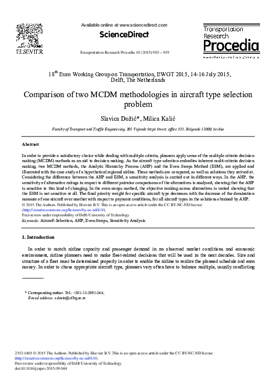 (PDF) Comparison of Two MCDM Methodologies in Aircraft Type Selection ...