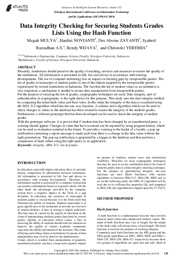 (PDF) Data Integrity Checking for Securing Students Grades Lists Using the Hash Function
