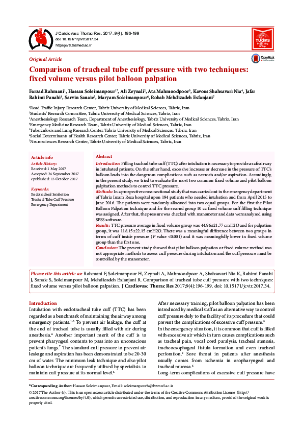 (PDF) Tracheal Tube Cuff Pressure: Fixed Volume vs. Palpation