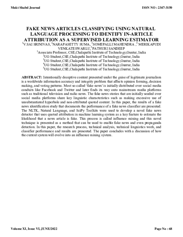 Pdf Fake News Articles Classifying Using Natural Language Processing To Identify In Article