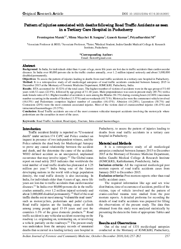 (PDF) Pattern of injuries associated with deaths following Road Traffic ...