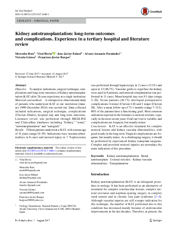 (PDF) Kidney autotransplantation: long-term outcomes and complications ...