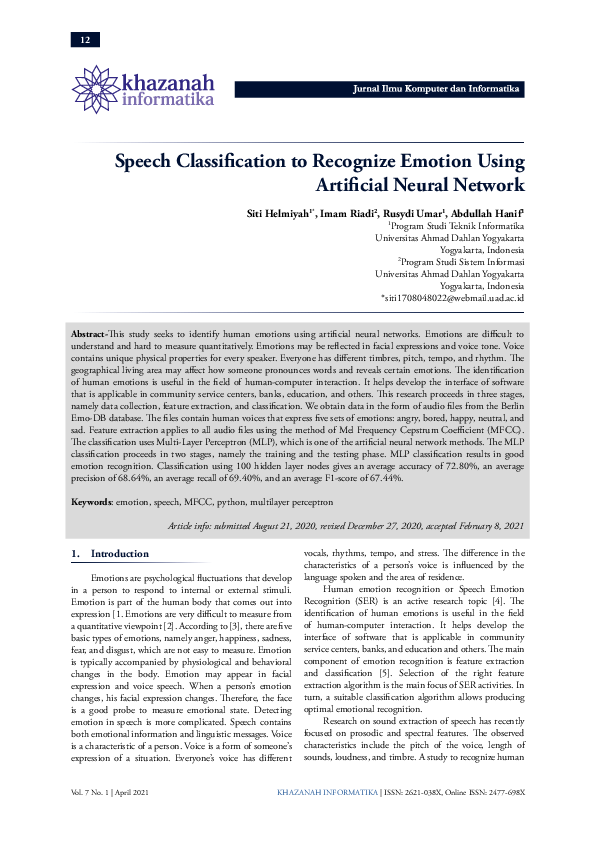 (PDF) Speech Classification to Recognize Emotion Using Artificial Neural Network | Abdullah ...