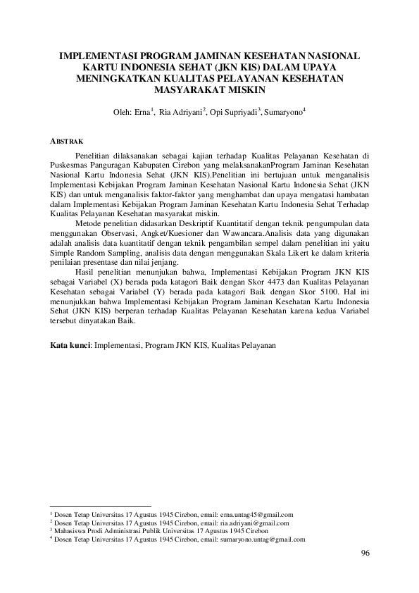 (PDF) Implementasi Program Jaminan Kesehatan Nasional Kartu Indonesia Sehat (JKN Kis) Dalam ...