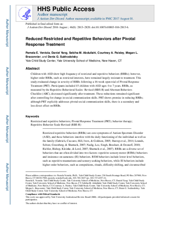 (PDF) Brief Report: Reduced Restricted and Repetitive Behaviors after ...