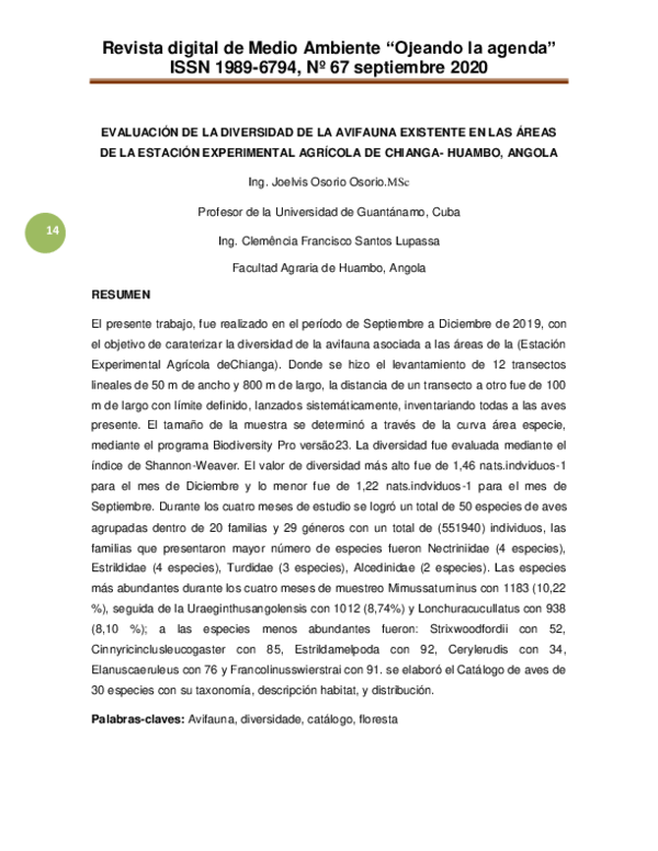 (PDF) Evaluación de la diversidad de la avifauna existente en las áreas ...
