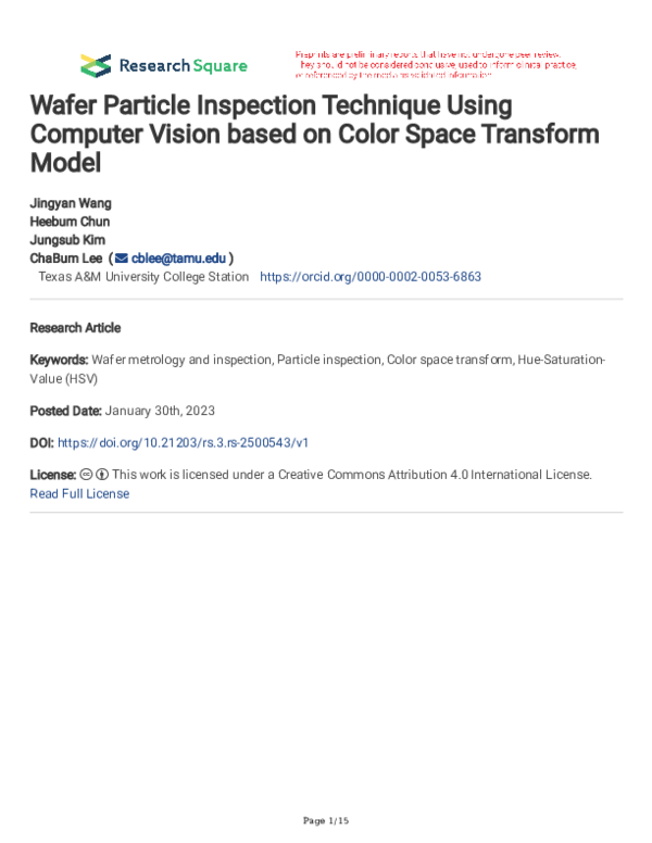 Pdf Wafer Particle Inspection Technique Using Computer Vision Based On Color Space Transform Model