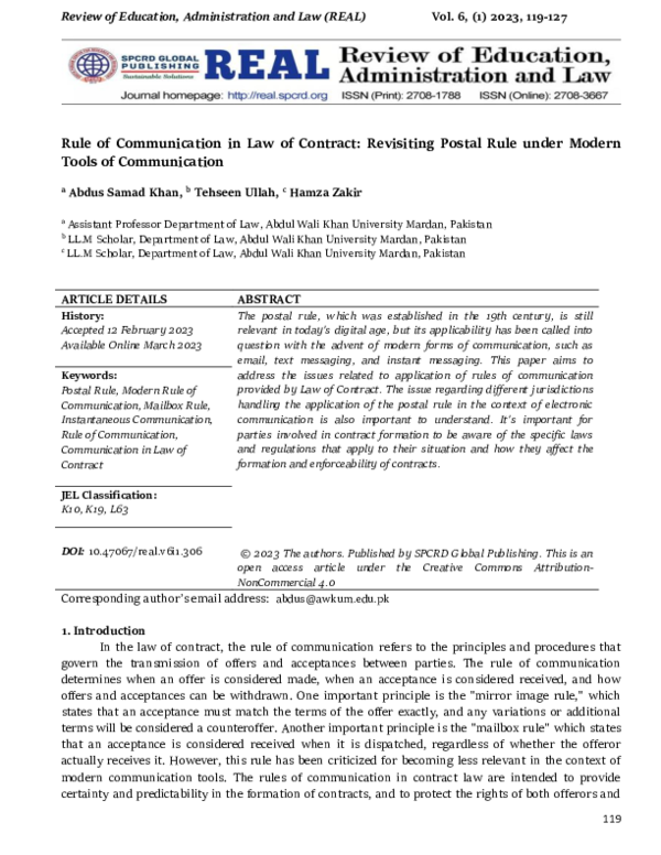 (PDF) Rule of Communication in Law of Contract: Revisiting Postal Rule under Modern Tools of ...