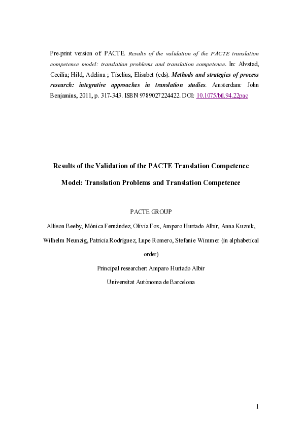 (PDF) Pre-print version of: PACTE. Results of the validation of the ...