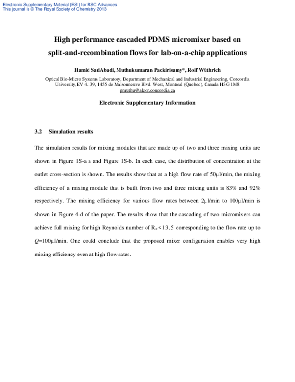 (PDF) High performance cascaded PDMS micromixer based on split-and-recombination flows for lab ...