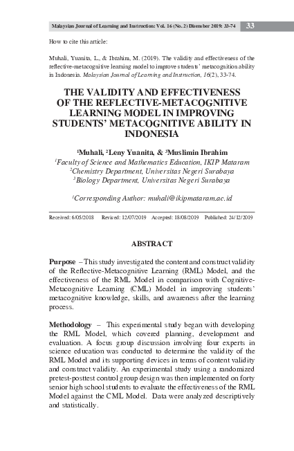 Pdf The Validity And Effectiveness Of The Reflective Metacognitive Learning Model To Improve