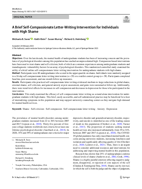(PDF) A Brief Self-Compassionate Letter-Writing Intervention for ...