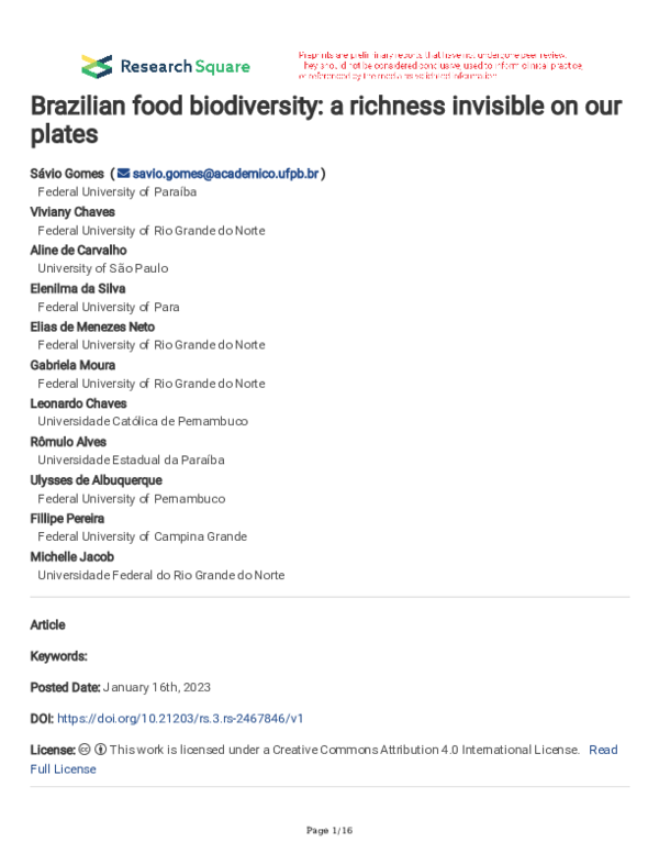 (PDF) Brazilian food biodiversity: a richness invisible on our plates