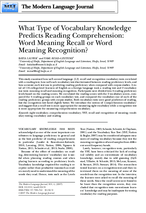 (PDF) What Type of Vocabulary Knowledge Predicts Reading Comprehension ...
