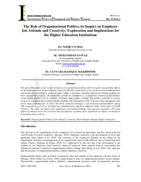 (PDF) The Role of Organizational Politics, its Impact on Employee Job Attitude and Creativity ...