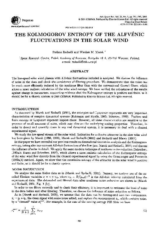 (PDF) The kolmogorov entropy of the Alfvénic fluctuations in the solar wind | stefano redaelli ...