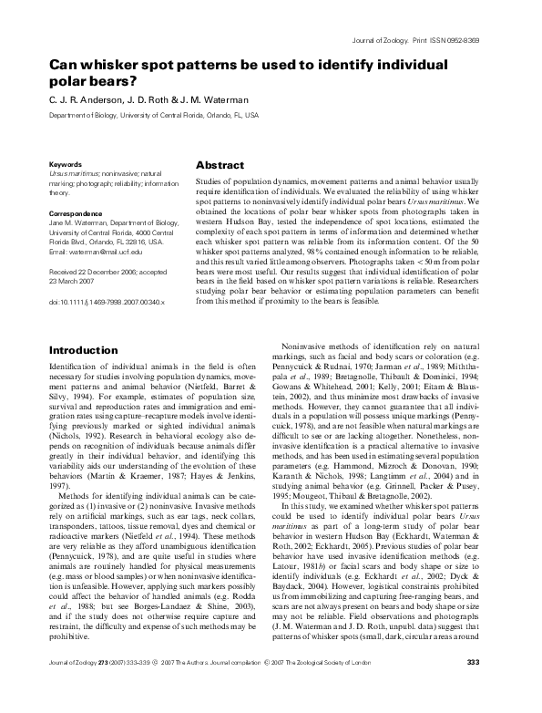 (PDF) Can whisker spot patterns be used to identify individual polar bears?