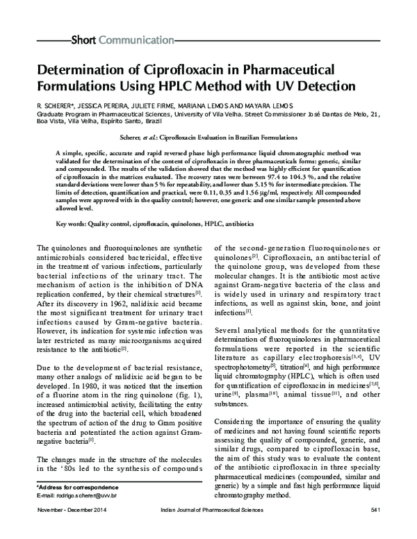 (PDF) Determination of Ciprofloxacin in Pharmaceutical Formulations Using HPLC Method with UV ...