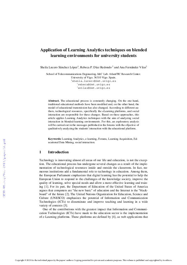 (PDF) Application of learning analytics techniques on blended learning environments for ...