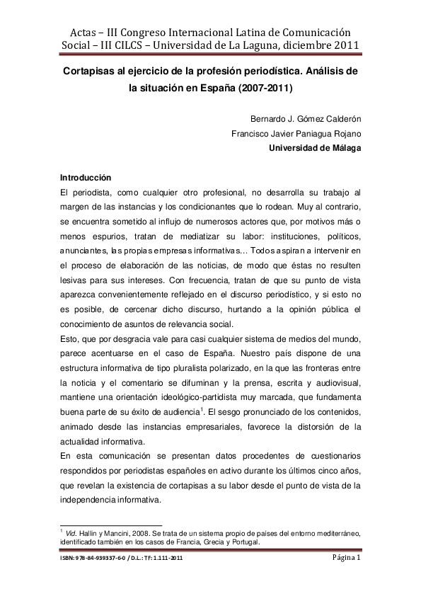 (PDF) Cortapisas al ejercicio de la profesión periodística. Análisis de ...